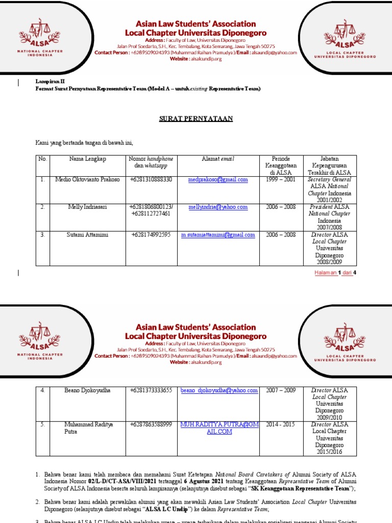 Surat Pernyataan Representative Team ALSA LC Undip Untuk Alumni Society of ALSA Indonesia | PDF