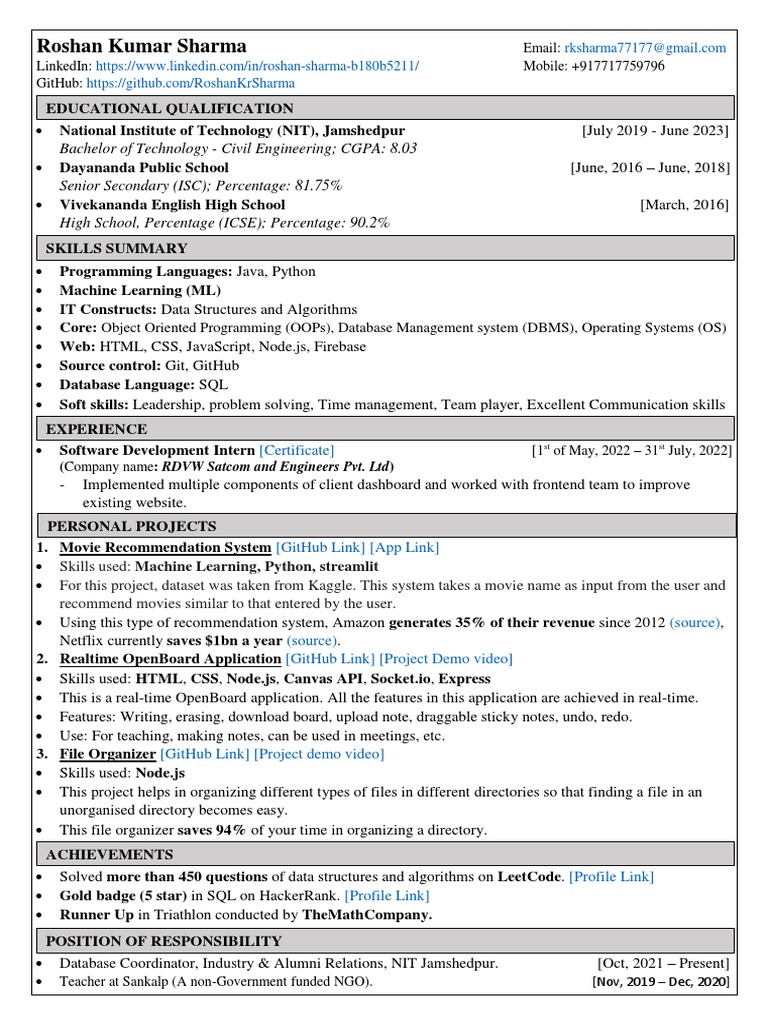 A Detailed Resume of Roshan Kumar Sharma Outlining His Educational Qualifications, Skills ...