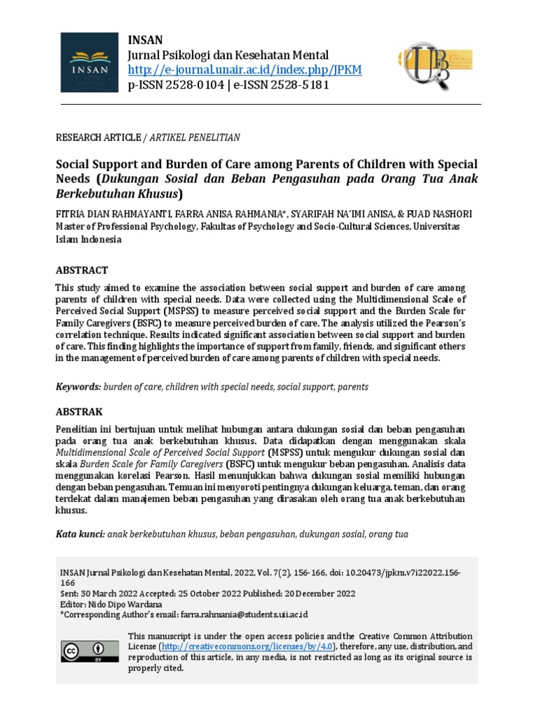 Social Support and Burden of Care Among Parents of Children With Special | Download Free PDF ...