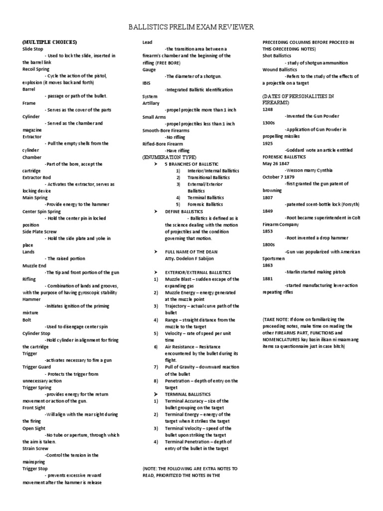 Ballistics Prelim Exam Reviewer | PDF | Gun Barrel | Firearms