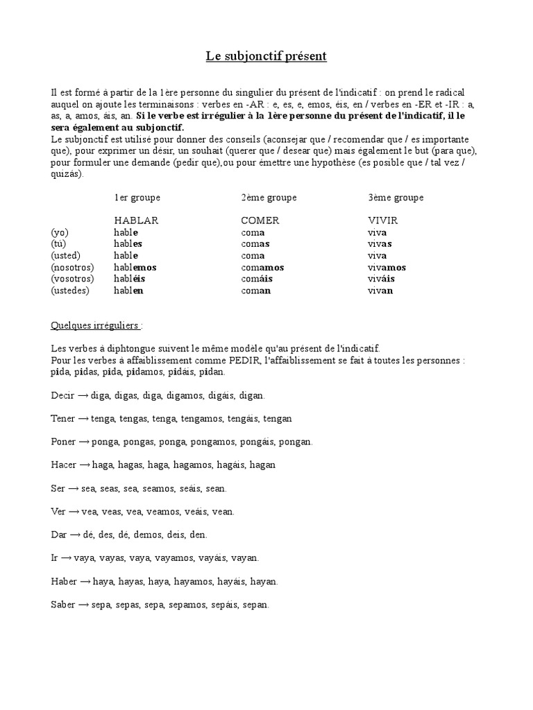 Terminaisons du subjonctif présent | PDF