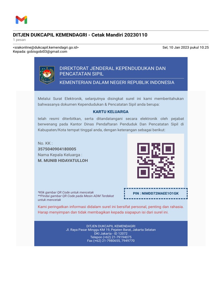 Gmail - Ditjen Dukcapil Kemendagri - Cetak Mandiri 20230110 | PDF