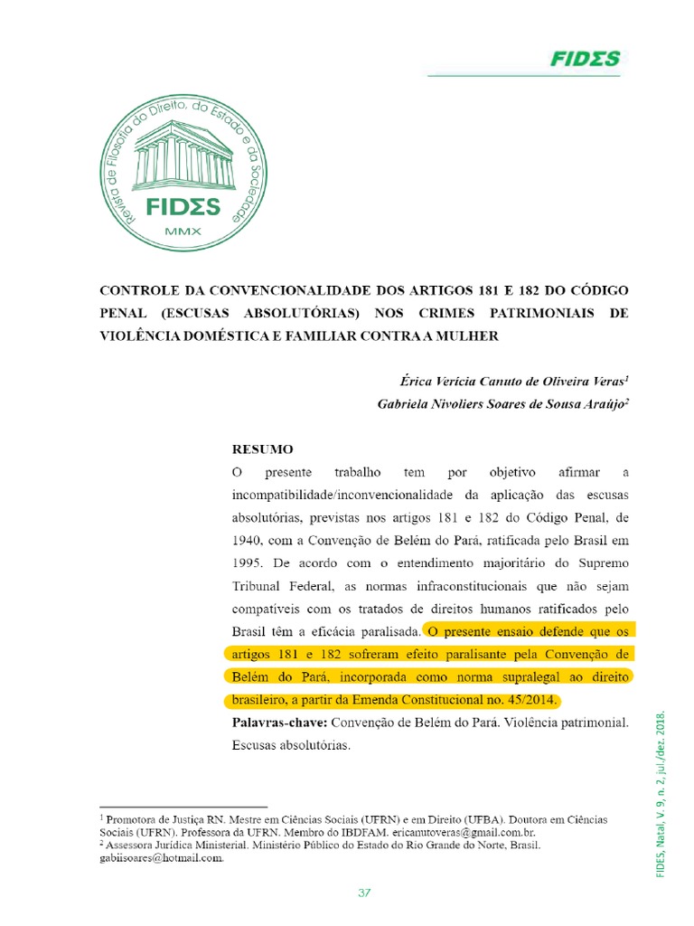 Artigo Controle Da Convencionalidade Das Escusas Absolutórias Na Lei Maria Da Penha Revista ...