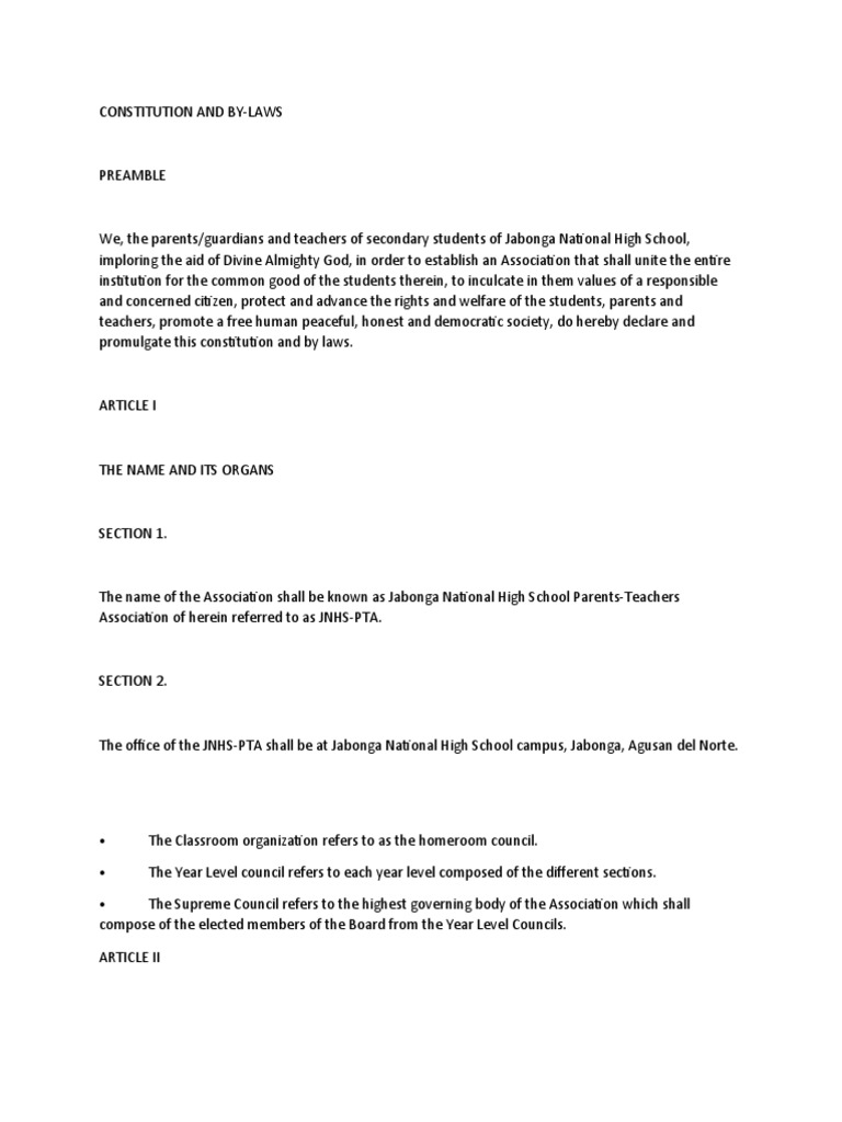 Constitution and By-Laws of the Jabonga National High School Parents ...