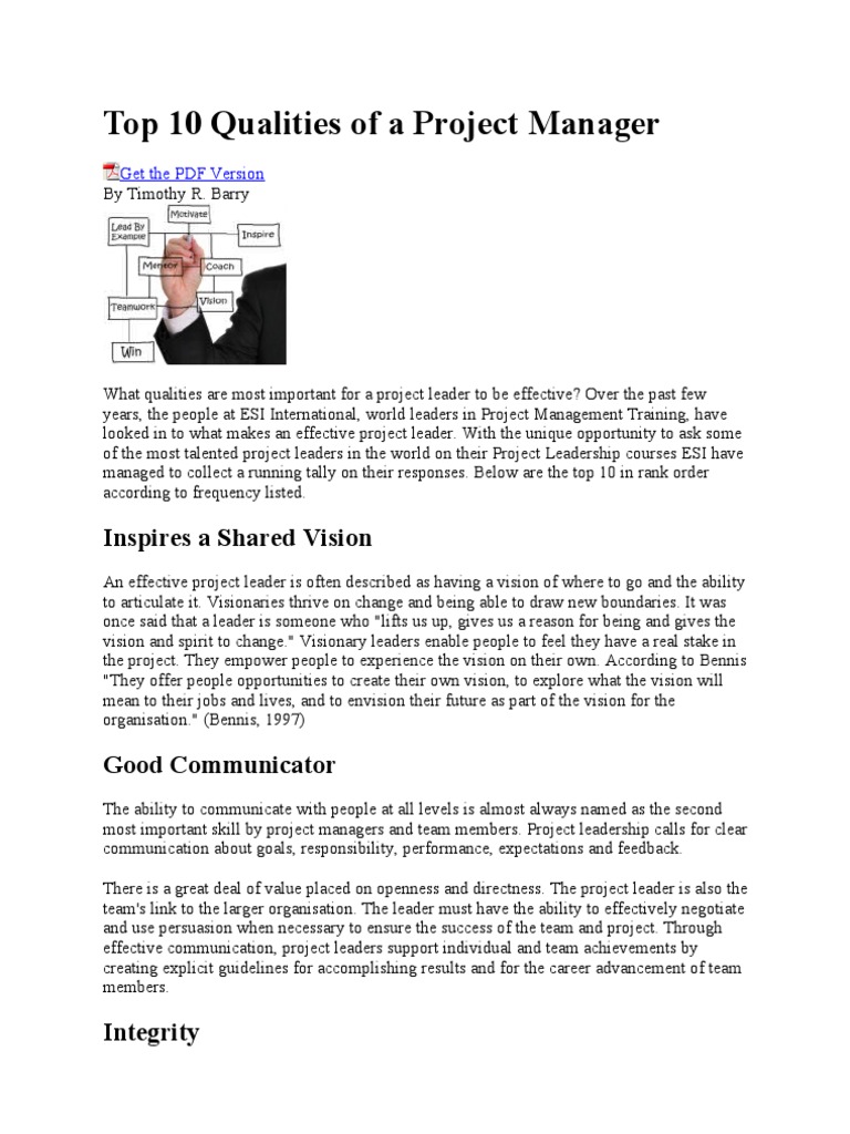 Top 10 Qualities of A Project Manager | PDF | Leadership | Motivation