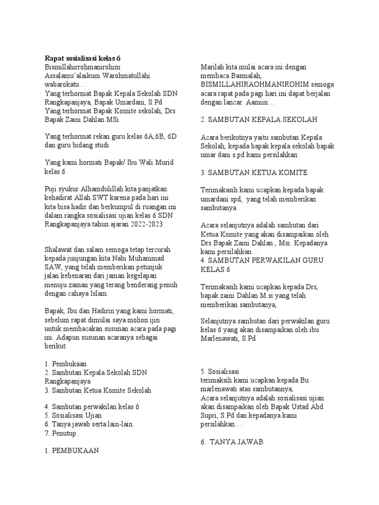 Teks MC Rapat Sosialisasi Kelas 6 | PDF