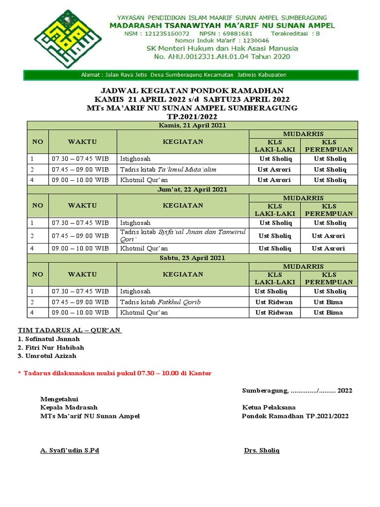 Jadwal Kegiatan Pondok Ramadhan | PDF