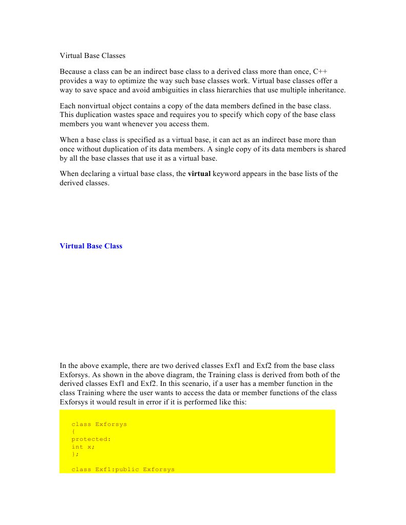 Virtual Base Class: Class Exforsys (Protected: Int X ) Class Exf1:public Exforsys | PDF | Class ...