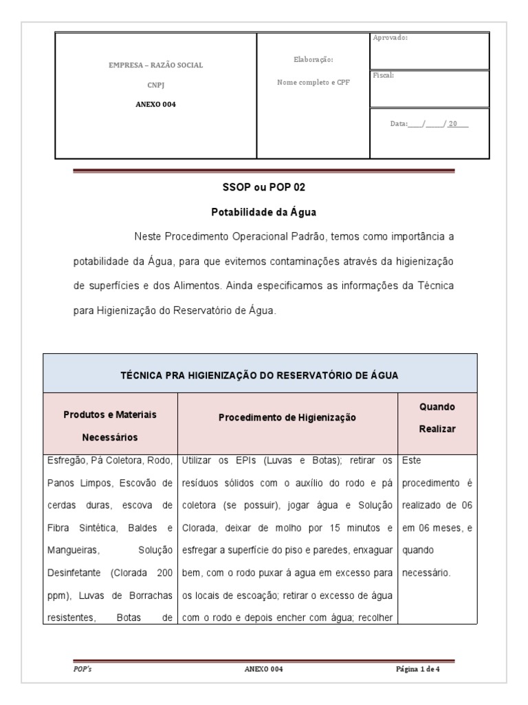 Procedimento operacional padrão para higienização de reservatórios de ...