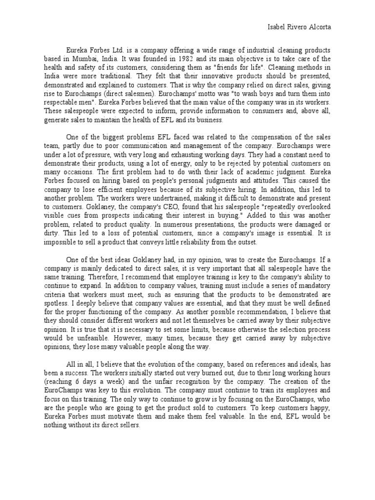 Eureka Forbes LTD - Case Study | PDF | Sales | Communication