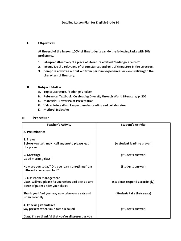 Lesson Plan g10 English q3 Week 2 | PDF | Classroom Management