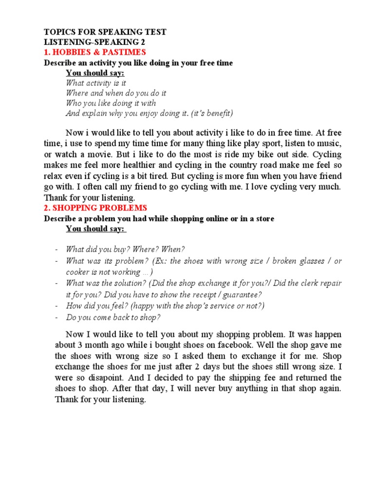 Topics For Speaking Ta Nghe Nói 2 | PDF