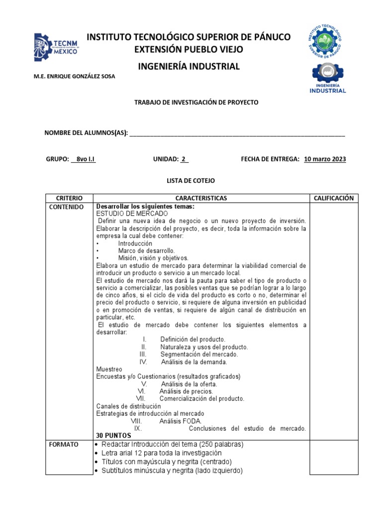 Rubrica de Proyecto Unidad 2 | PDF | Producto (Negocio) | Mercado ...