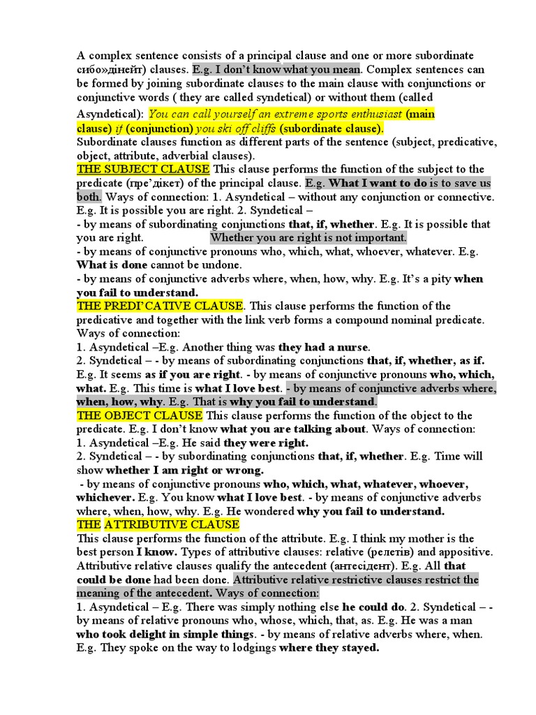 A Complex Sentence Consists of A Principal Clause and One or More ...