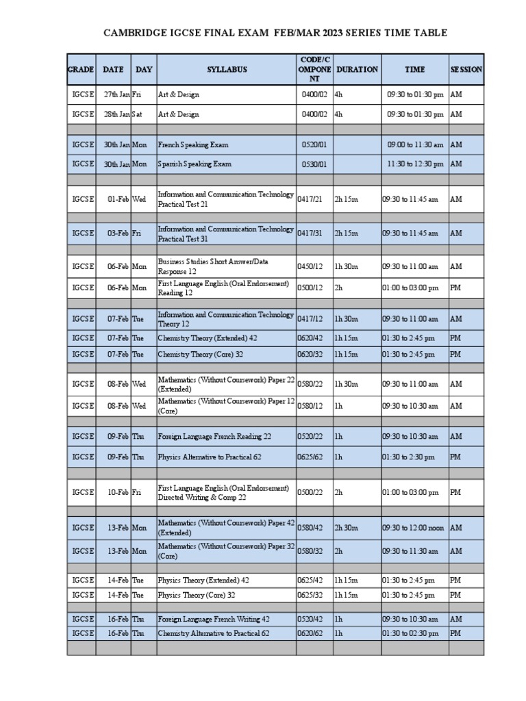 Cambridge Igcse Final Exam Feb/Mar 2023 Series Time Table | PDF ...