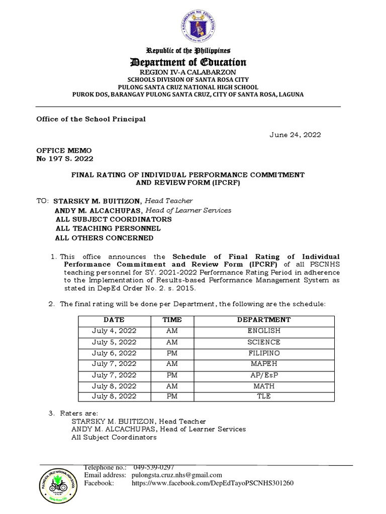 SM OM 22 196 IPCRF Rating Validation | PDF