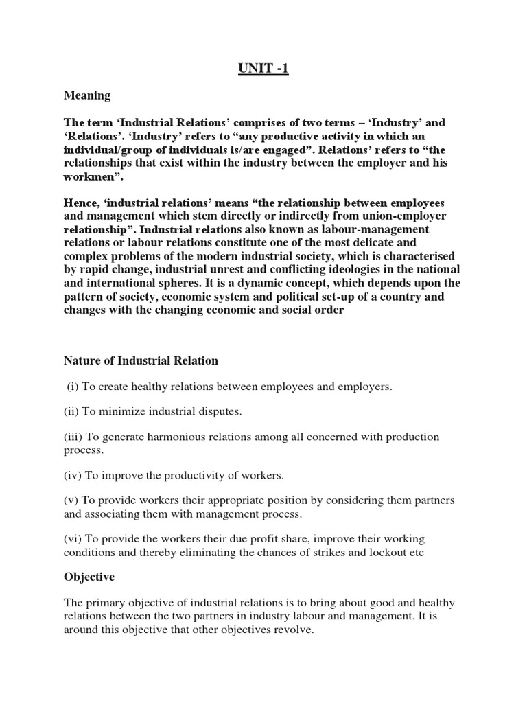 Industrial Relations Unit 1 And 2 Pdf Employment Trade Union