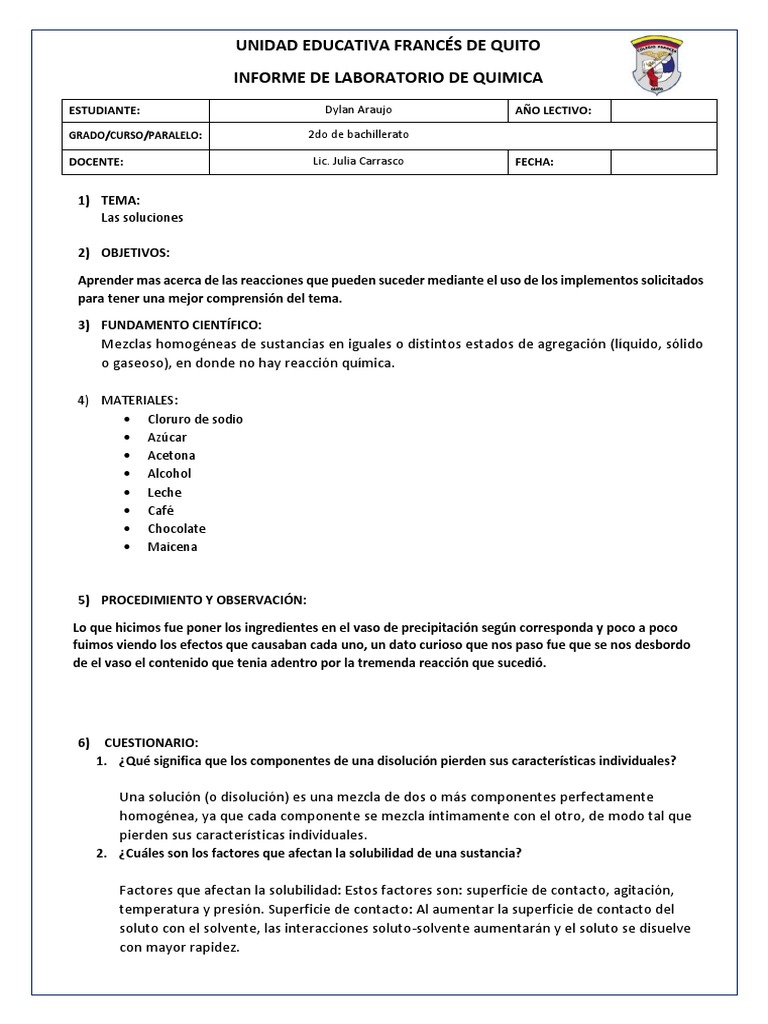 Informe de Laboratorio Quimica 2do Bgu | PDF | Mezcla | Solvente