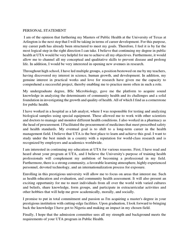 UTA MPH Personal Statement | PDF | Public Health | Cognition