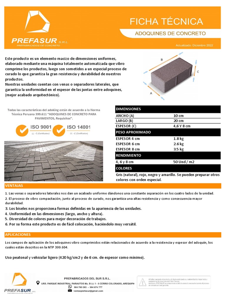 Ficha Técnica - Adoquin de Concreto Rectangular - Prefasur S.R.L 2022 ...