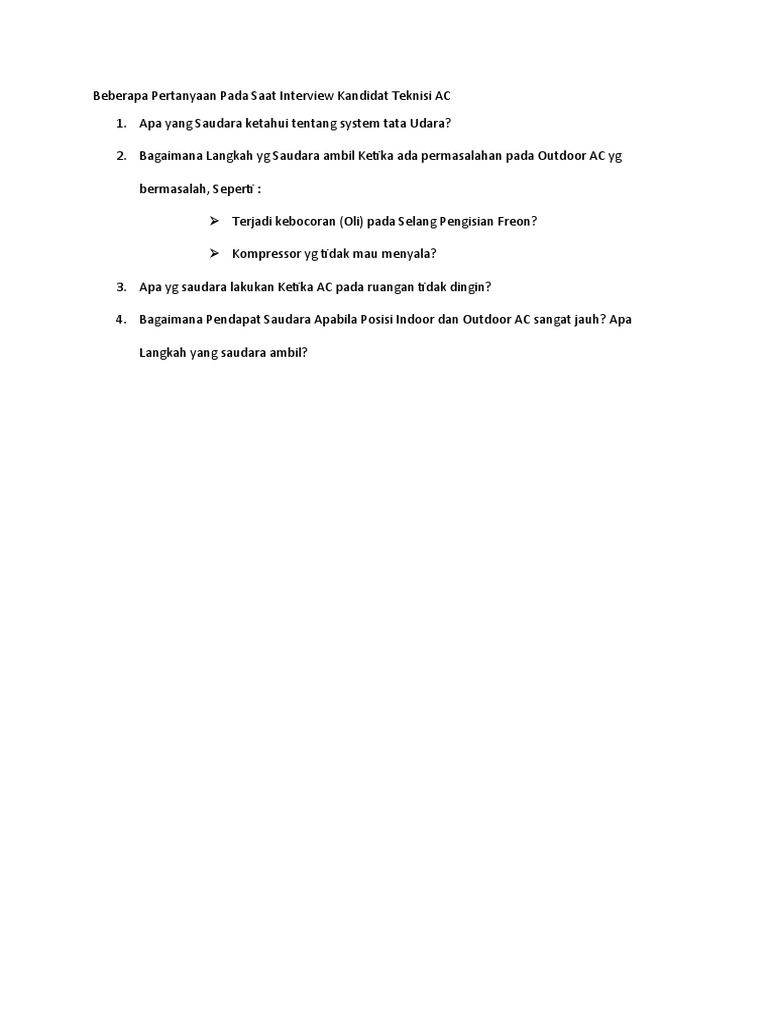 Beberapa Pertanyaan Pada Saat Interview Kandidat Teknisi AC | PDF | Karier & Perkembangan