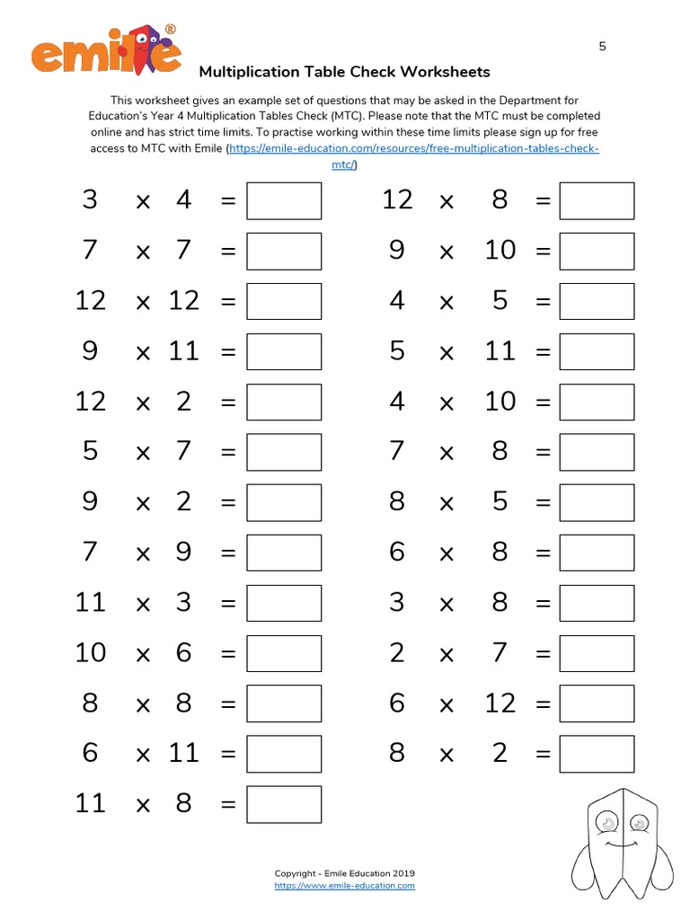 Multiplication Table Check Worksheets MTC 5 | PDF