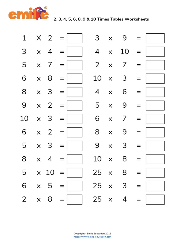 2 3 4 5 6 8 9 10 Times Tables Worksheet | PDF