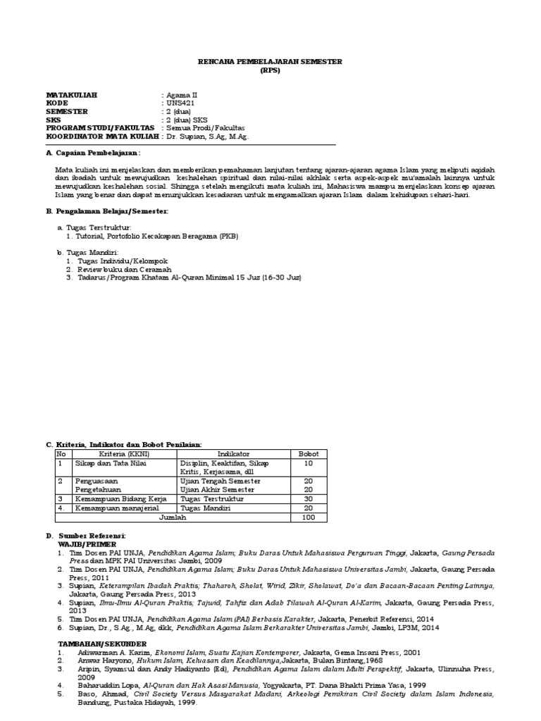 RPS PAI - Agama II - 20212 | PDF | Karier & Perkembangan | Agama & Spiritualitas