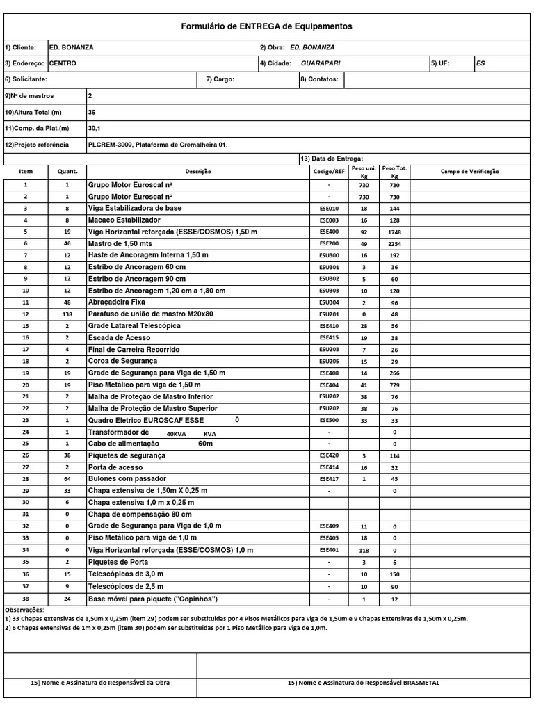Romaneio - PL Cremalheira 01 - Bonanza - Projeto PLCERM 3009 | PDF