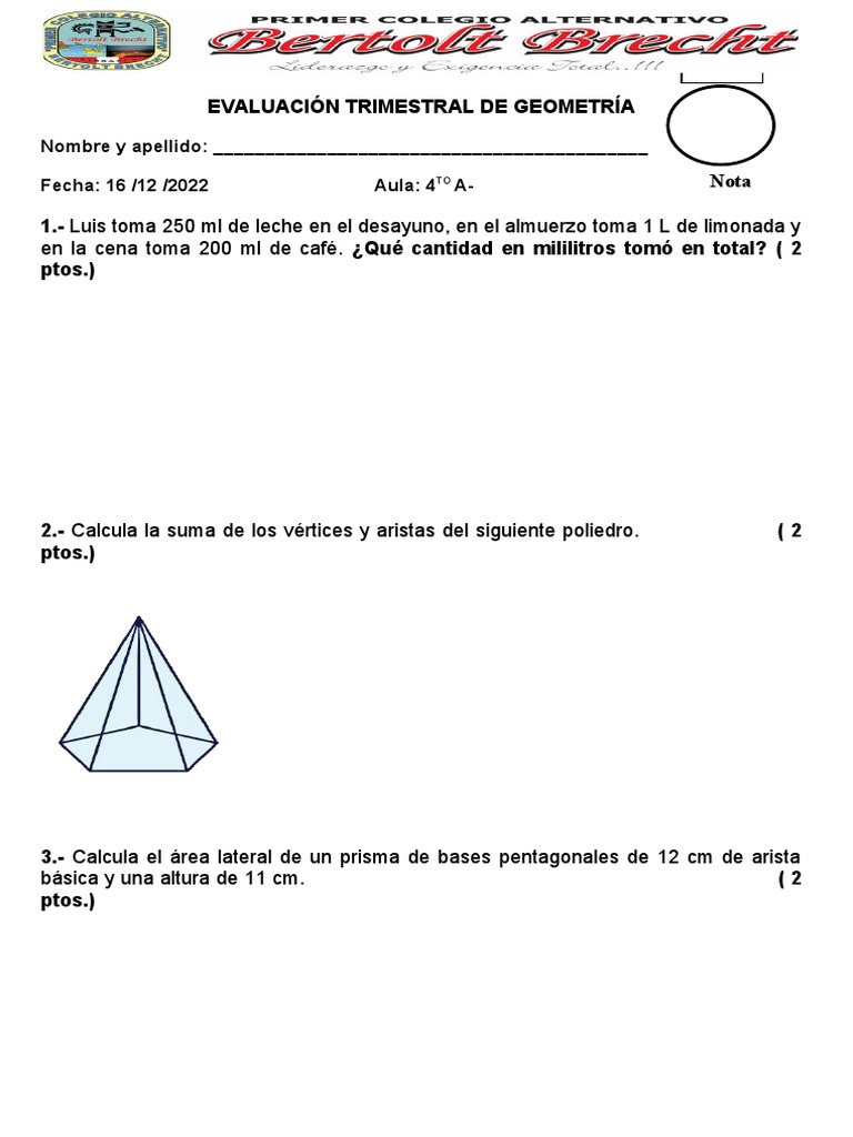 Evaluación Trimestral de Geometría | PDF | Formas geométricas | Geometría
