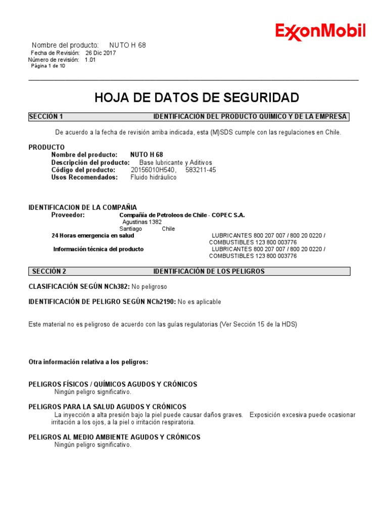 Hoja de Seguridad Nuto H68 | PDF | Agua | Toxicidad