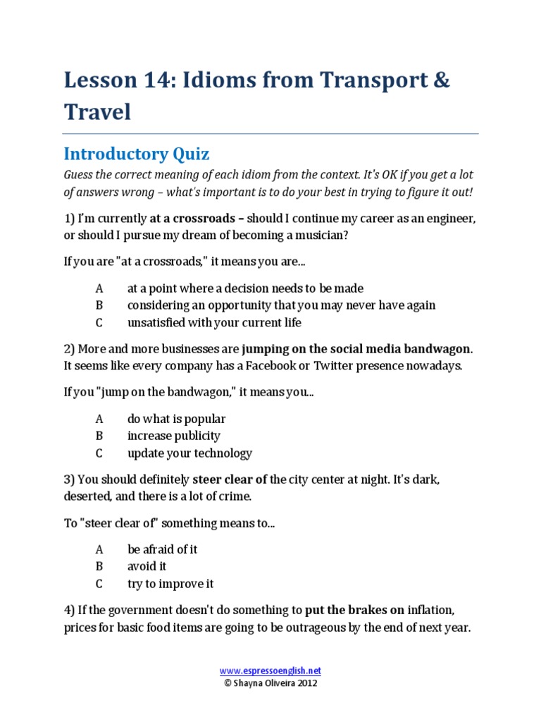 Lesson 14 - Idioms From Transport and Travel | PDF