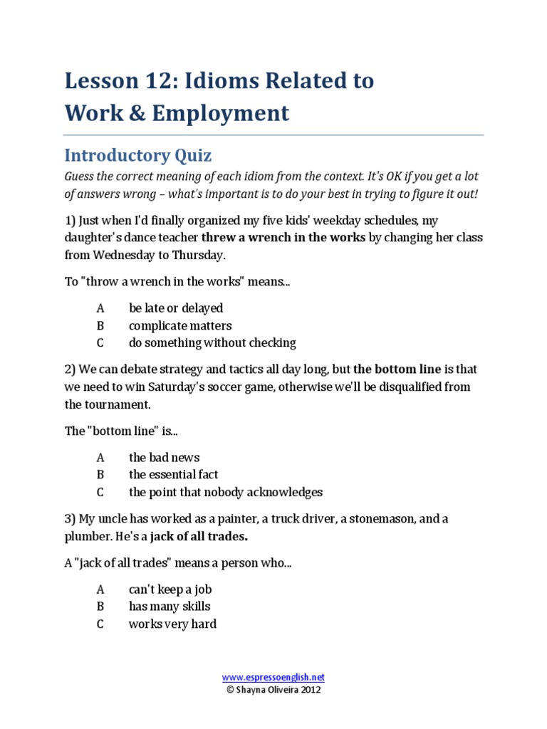 Lesson 12 - Idioms Related To Work and Employment | PDF