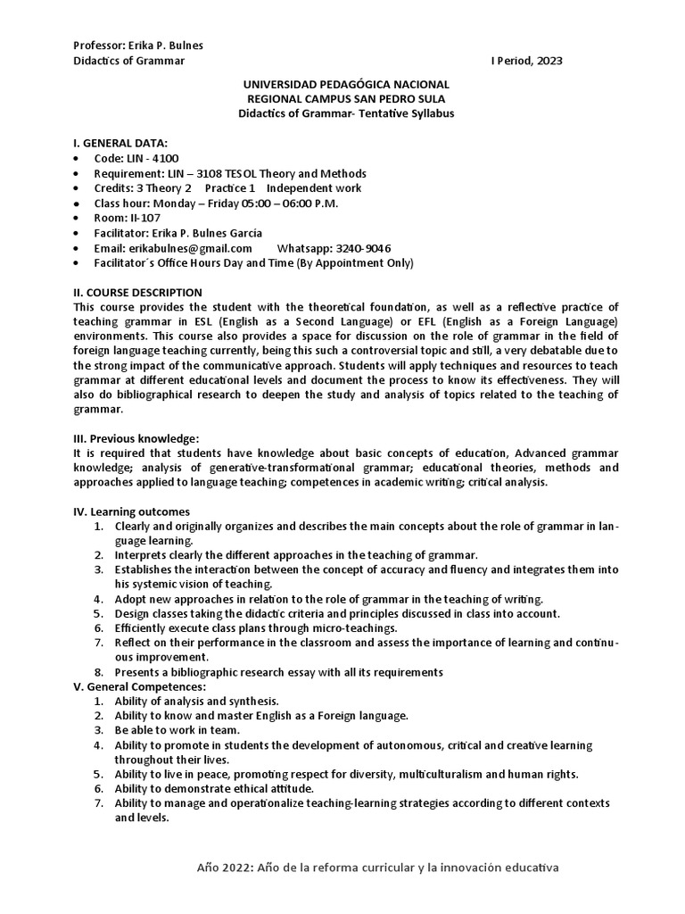 Didactics of Grammar Syllabus 2023 | PDF | English As A Second Or ...