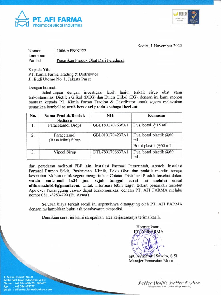 Surat Penarikan Produk Obat Dari Peredaran - PT. Kimia Farma | PDF