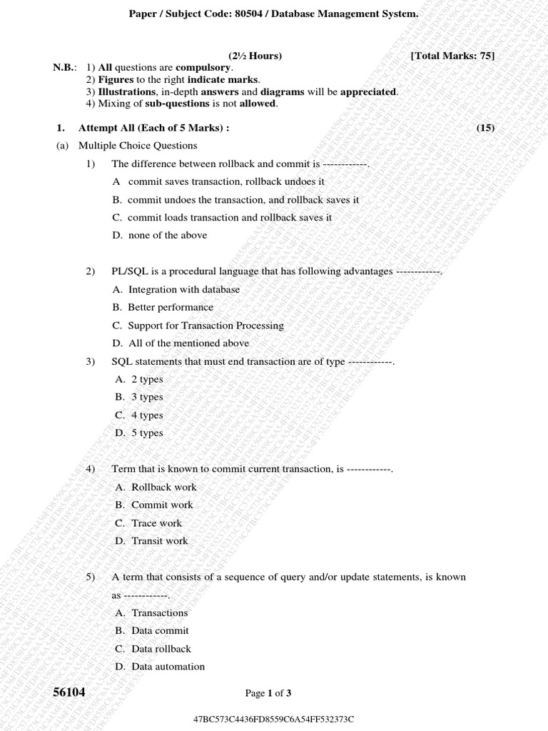 Sycs Sem Iii Oct.18 (Choice Base) Database Management System (30.oct.18 ...