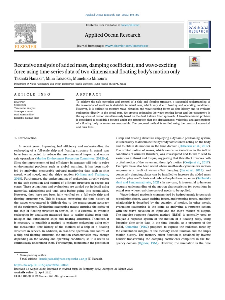 Recursive Analysis of Added Mass, Damping Coefficient, and Wave-Exciting | PDF | Kalman Filter ...