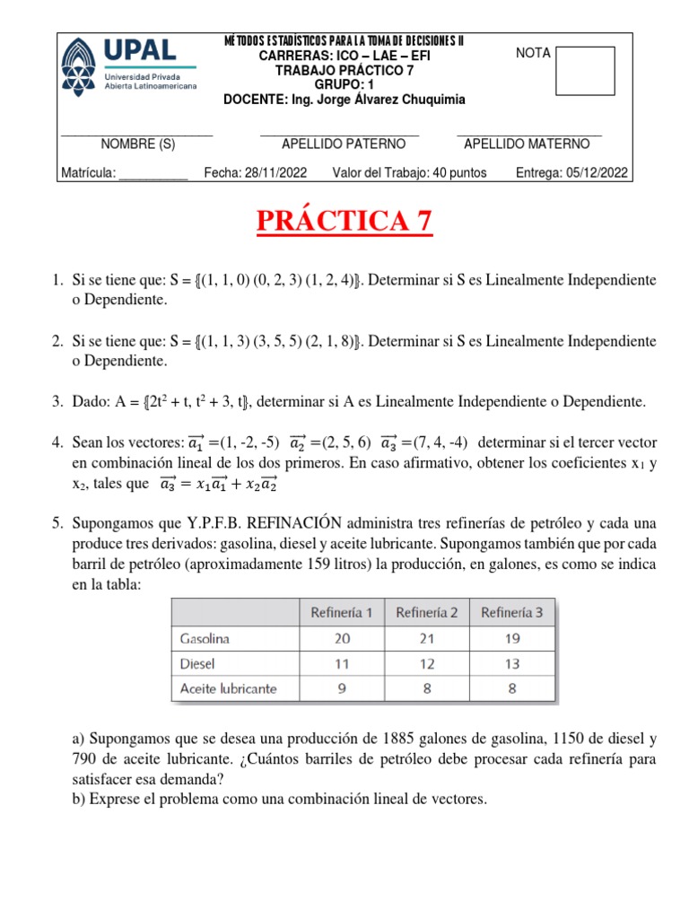 Práctica 7 Espacios Vectoriales Descargar Gratis Pdf Matemáticas