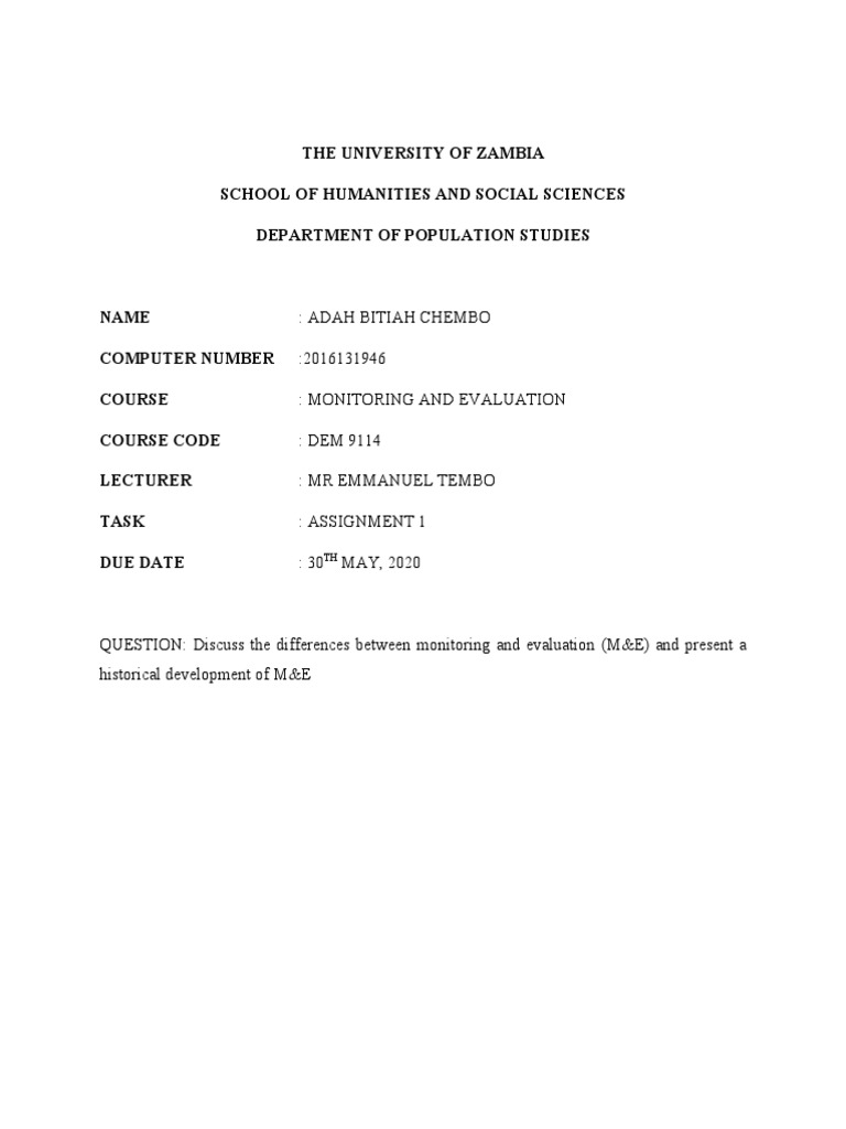 Adah Bitiah Chembo M&e Assignment 1 | PDF | Evaluation | Monitoring And Evaluation
