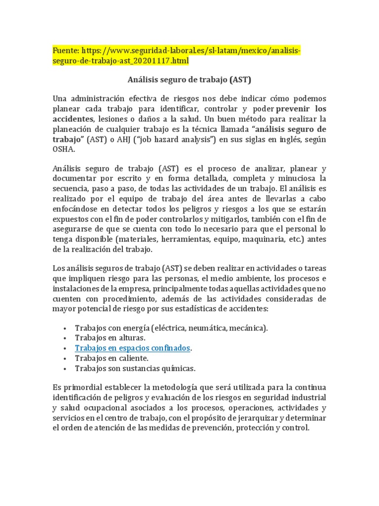 Análisis Seguro de Trabajo (AST) | PDF | Riesgo | Seguridad y salud ocupacional