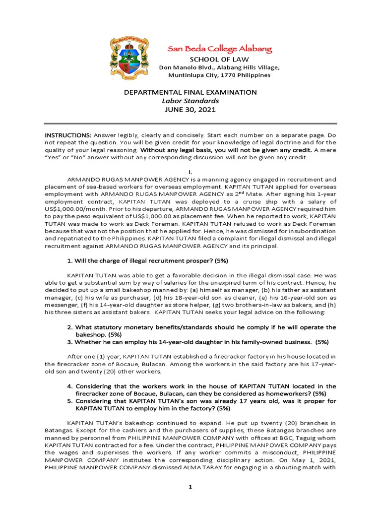 Departmental Final Exam Labor Standards | PDF | Business