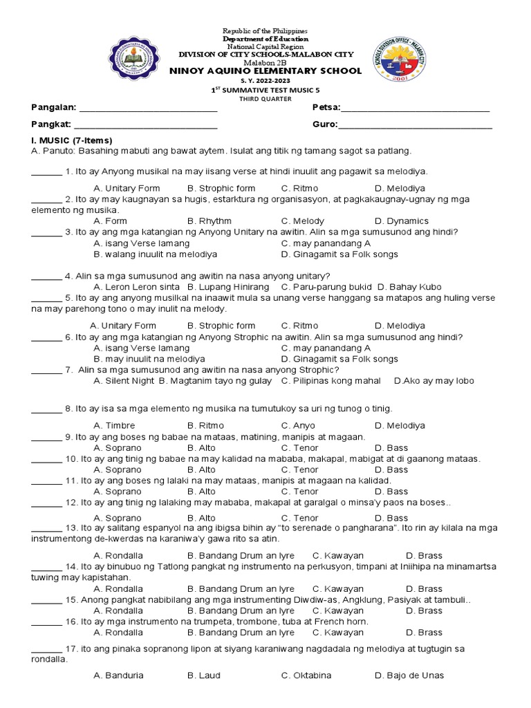 1ST Summative Test in Music 3RD Quarter | PDF