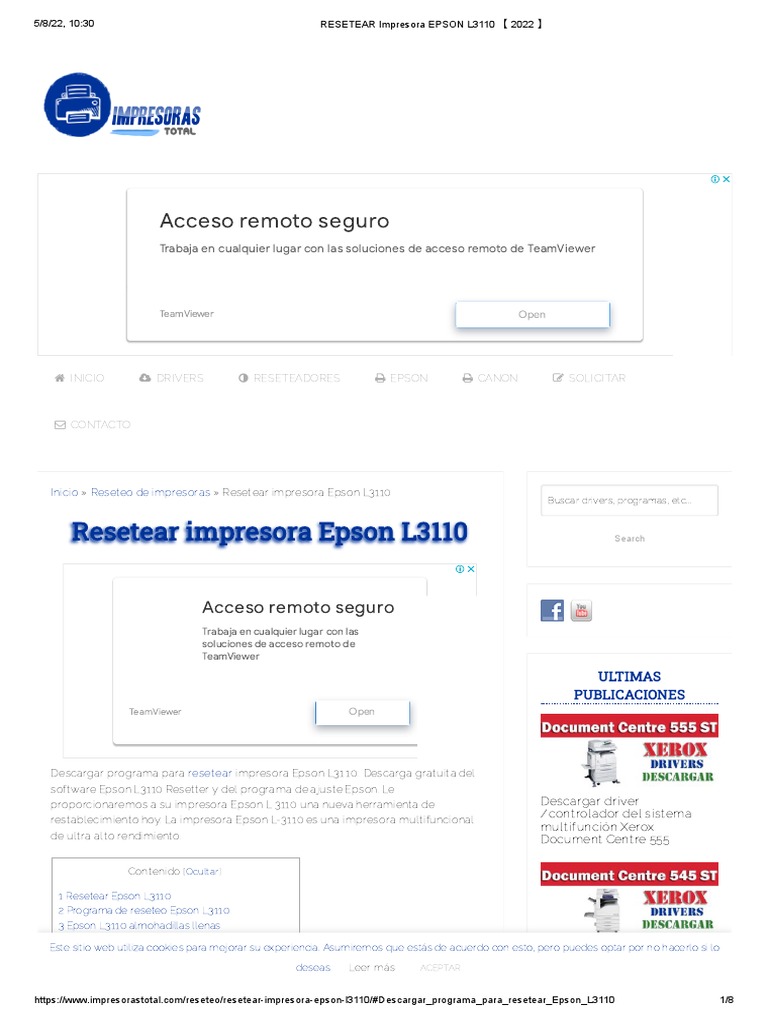 RESETEAR Impresora EPSON L3110 【 2022 】 | Descargar gratis PDF | Impresora (Computación) | Software