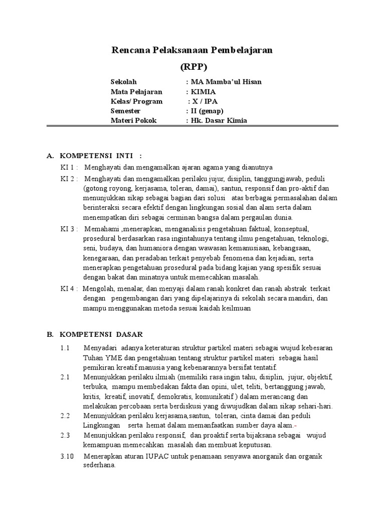 RPP Kimia Kelas X: Hukum Dasar | PDF