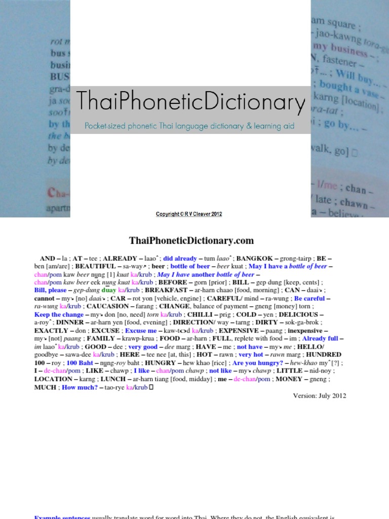 Thai Phonetic Dictionary | PDF | Tone (Linguistics) | Grammatical Gender