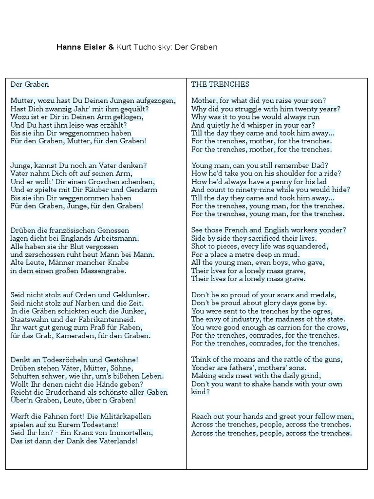 Hanns Eisler & Kurt Tucholsky - Der Graben (Lyrics) | PDF