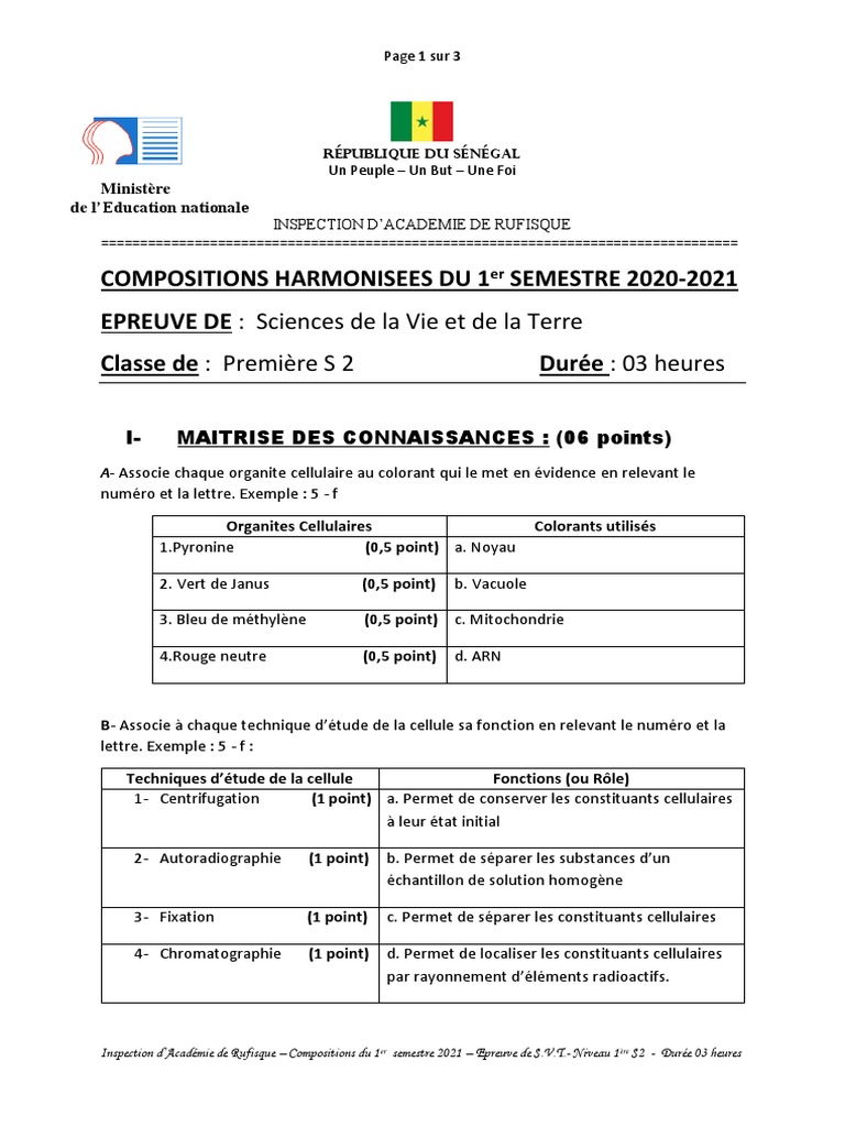 Composition Harmonisees Du 1er Semestre SVT 1ere S2 2020-2021 Senegal | PDF | Cellule (Biologie ...
