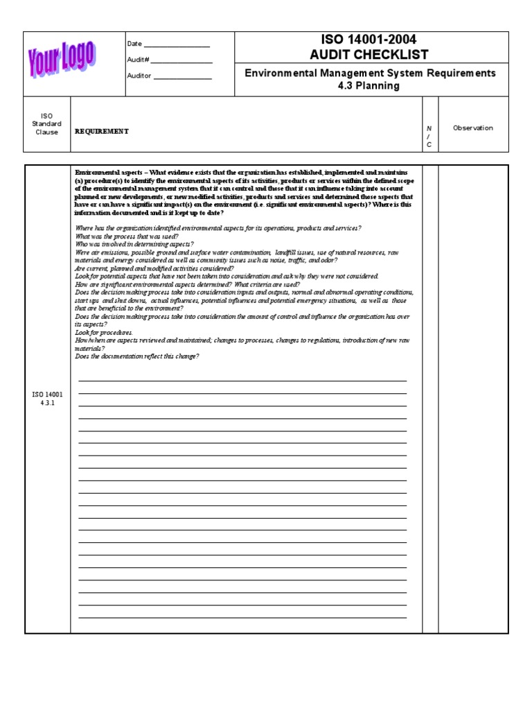 Iso 14001 Checklist Sample | PDF | Clean Water Act | Audit