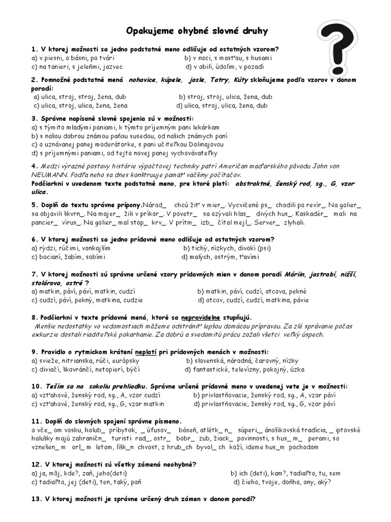 Ohybné Slovné Druhy - Pracovný Listy | PDF