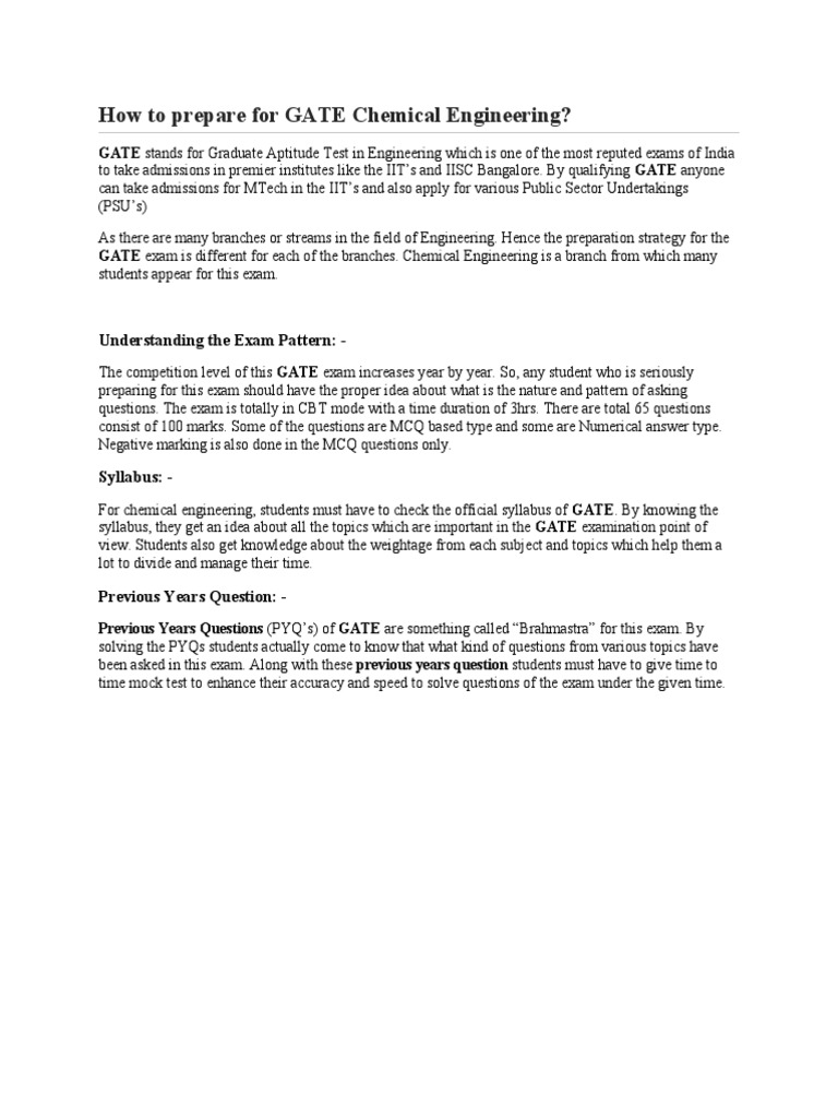 How To Prepare For Gate Chemical Engineering Pdf